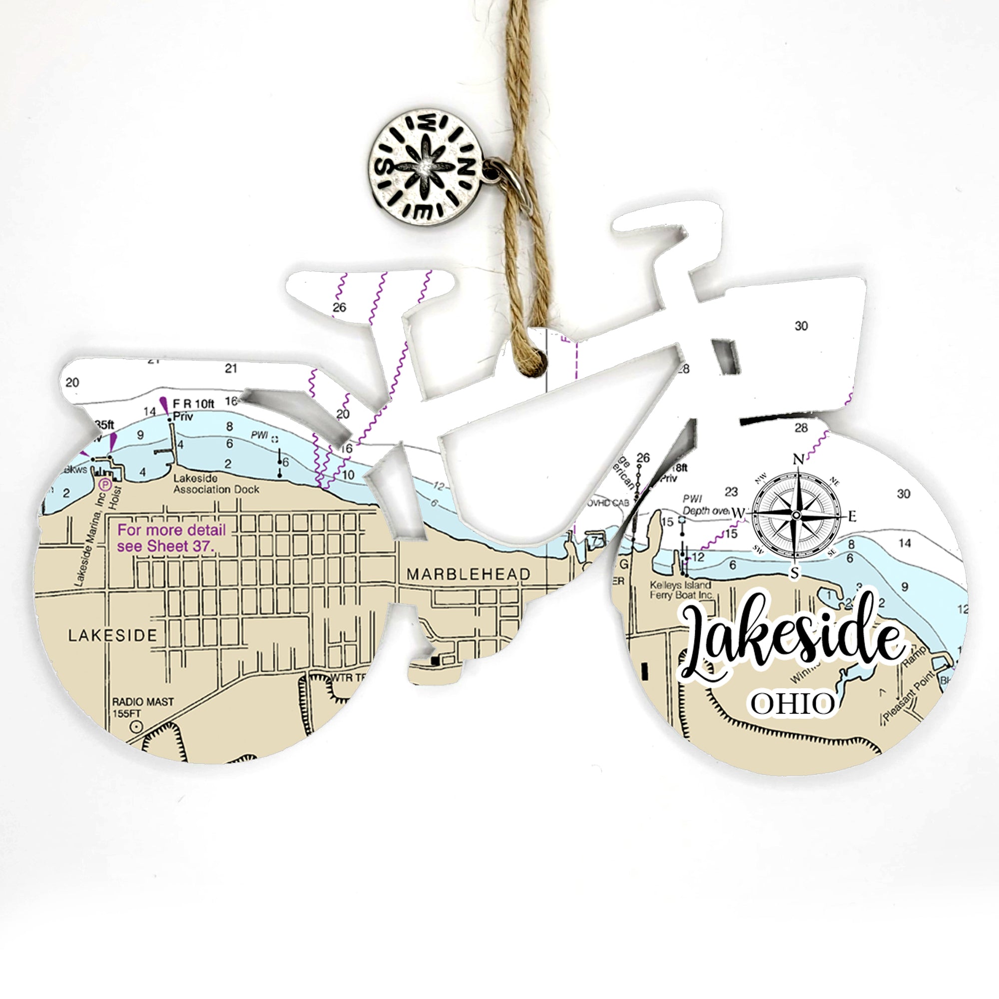 Lakeside, OH Bicycle Bike Shaped Wood Map Souvenir Ornament – MapMom