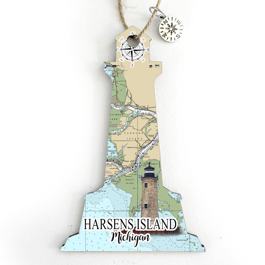 Harsens Island, MI Lighthouse Shaped Wood Map Souvenir Ornament – MapMom