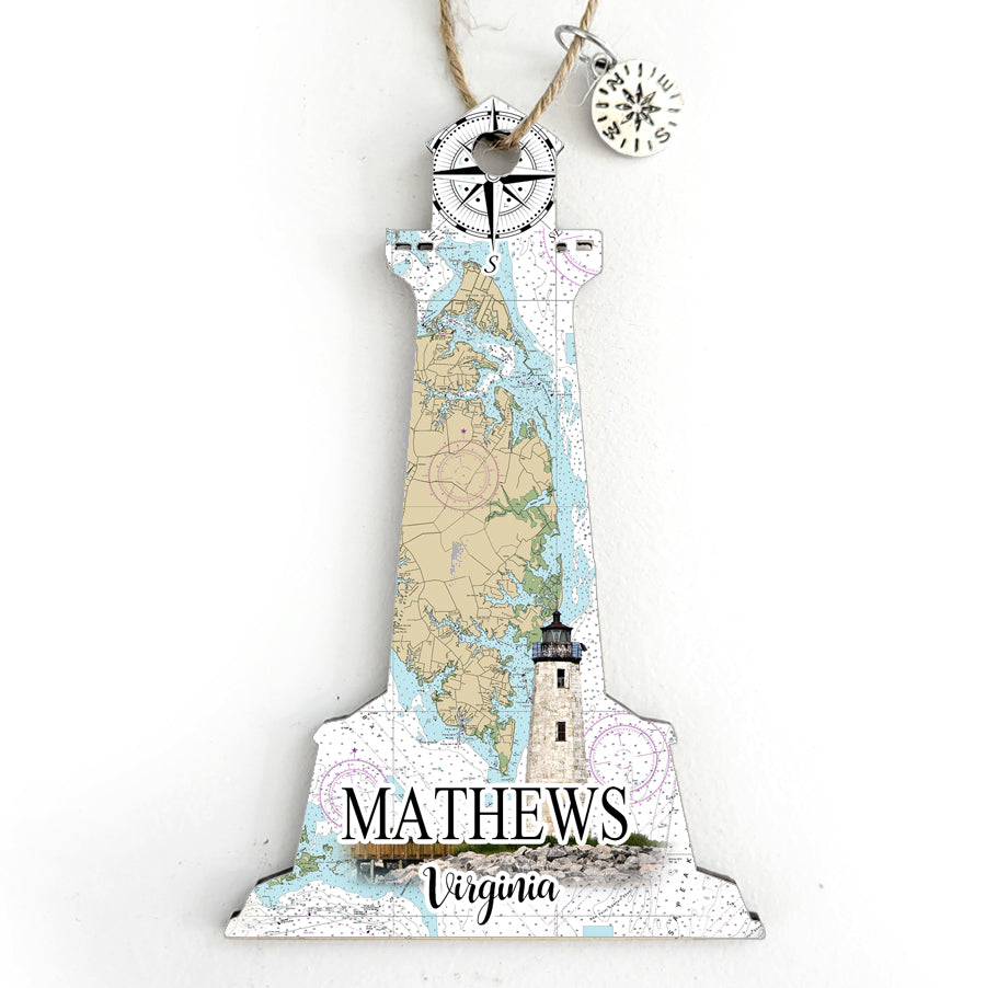 Mathews, VA Lighthouse Shaped Wood Map Souvenir Ornament – MapMom