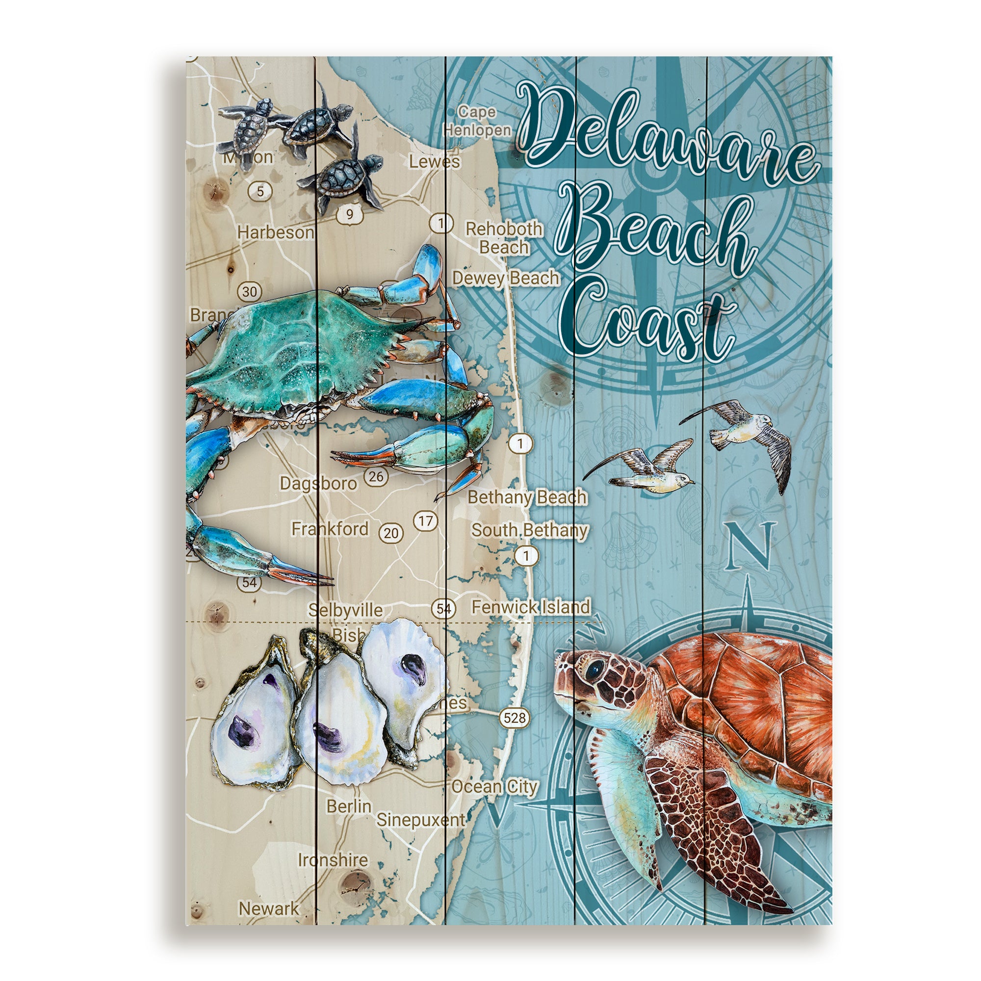 Delaware Beach Coast, DE Ocean Life Pallet Map – MapMom