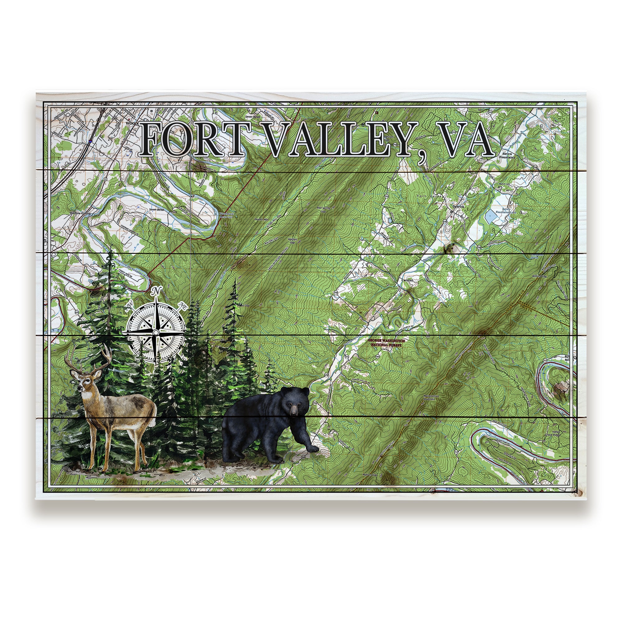 Fort Valley, VA - Deer, Black Bear Pallet Map – MapMom