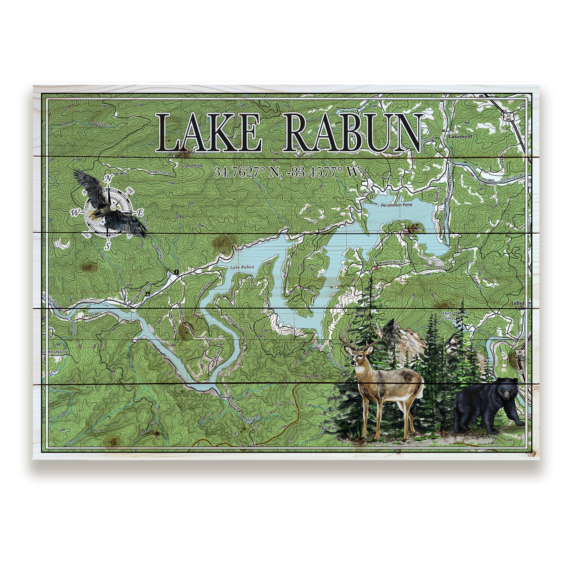 Lake of Rabun, GA- Deer, Black Bear & Eagle Pallet Map – MapMom