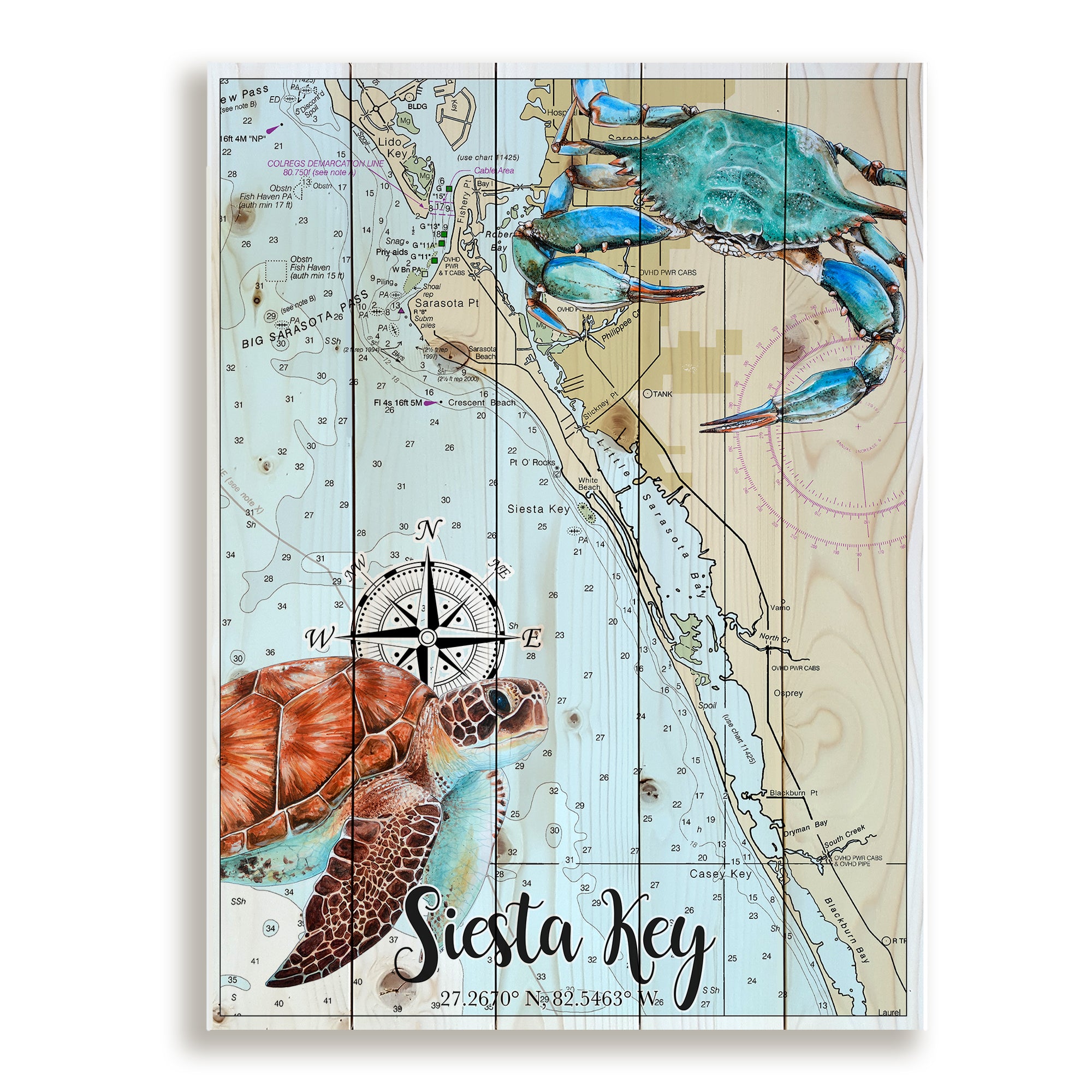 Siesta Key, FL - Blue Crab & Sea Turtle Pallet Map – MapMom