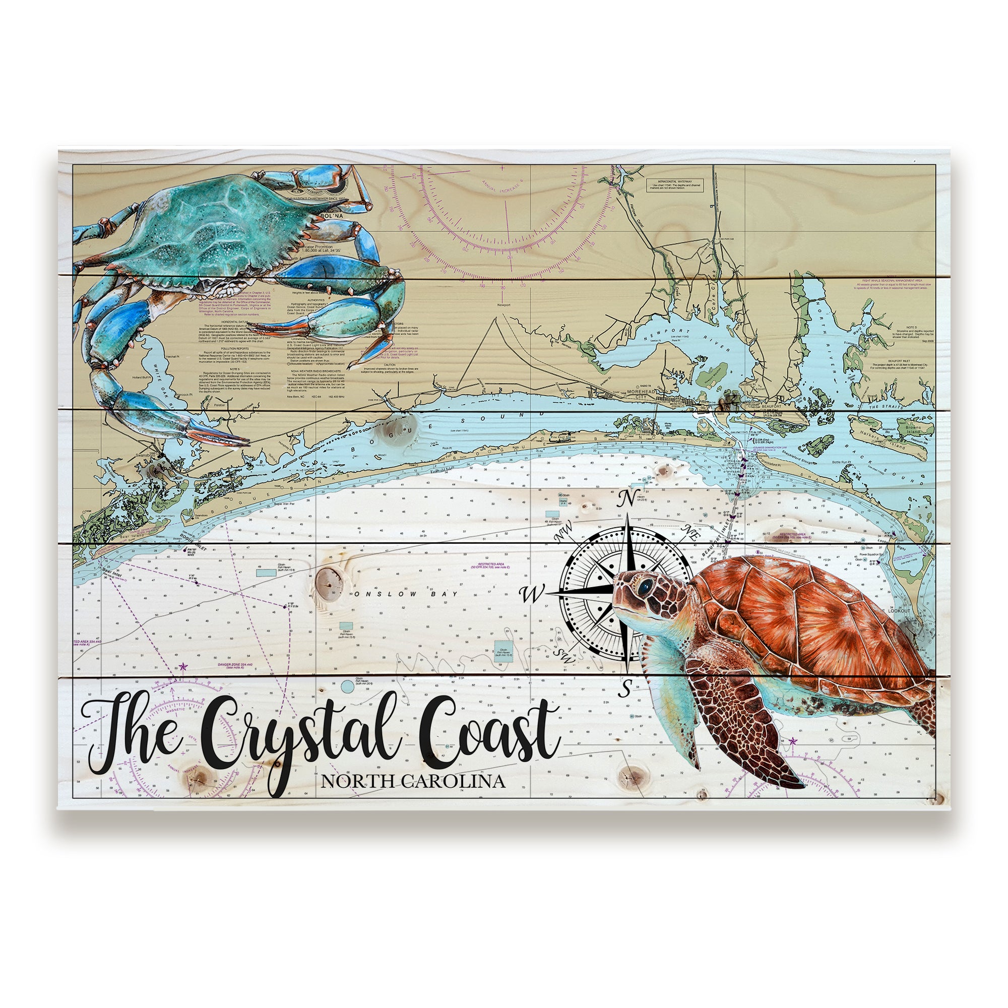 The Crystal Coast, NC -Sea Turtle & Blue Crab Pallet Map – MapMom
